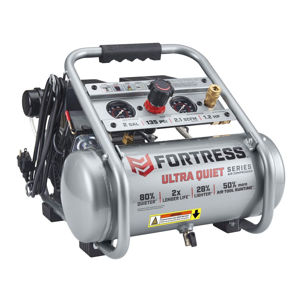 Fortress 2 Gallon 135 PSI, Ultra-Quiet Hand Carry Jobsite Air ...