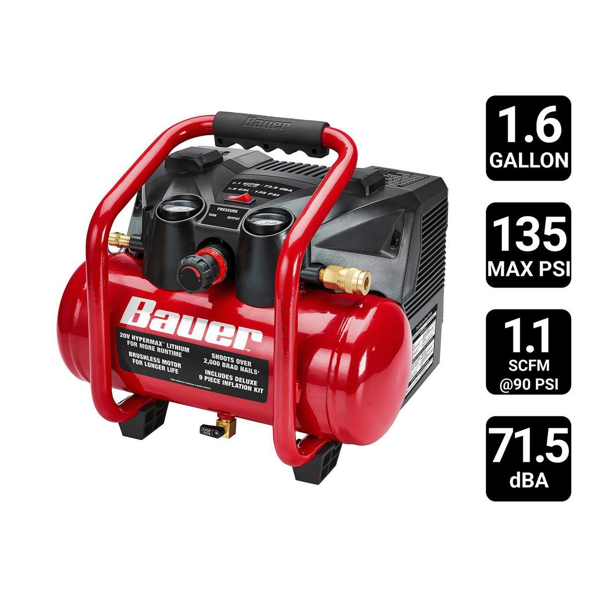 Bauer 1.6 Gallon 135 PSI 20V Brushless Cordless Air Compressor - Tool ...