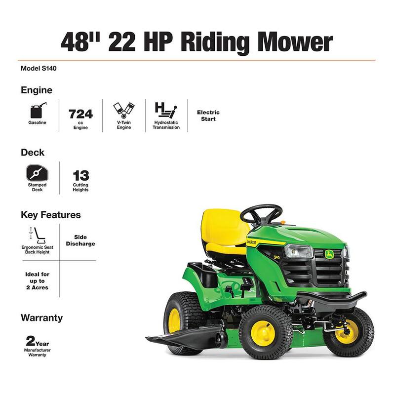John Deere S140 48 in. 22 HP V-Twin Gas Hydrostatic Riding Lawn Mower - BG21274 - FerreDepot
