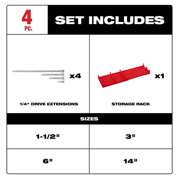 Milwaukee Tool Socket Extension Set 14 in L, 4 Pieces, Chrome - 48-22 ...