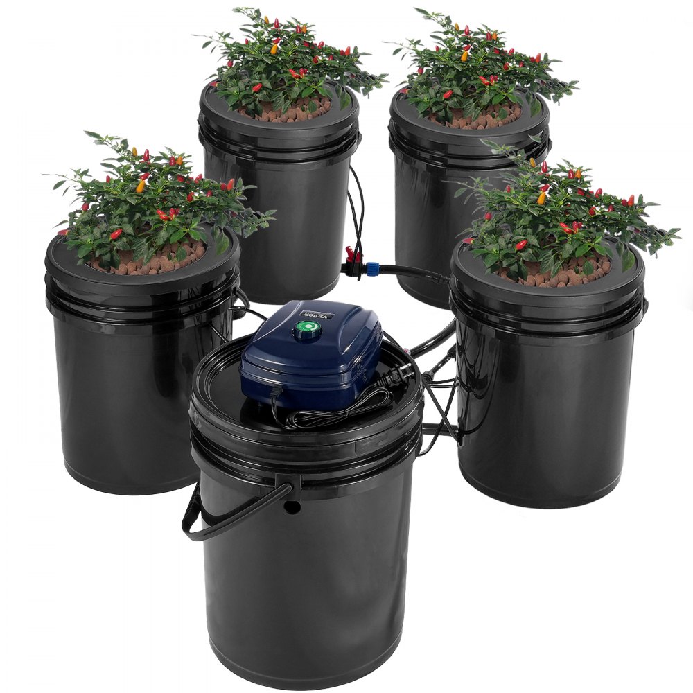 VEVOR RDWC Hydroponics System Recirculating Deep Water Culture 4 Buckets 5 Gal ...