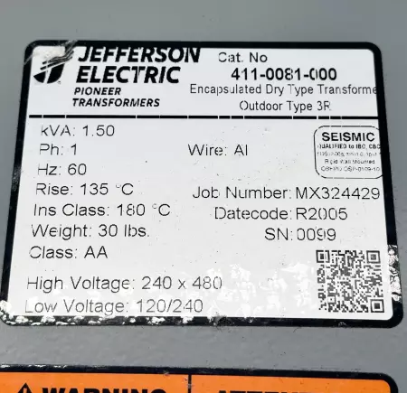 Jefferson Electric Transformer 411-0081-000 - MRO INDUSTRIAL